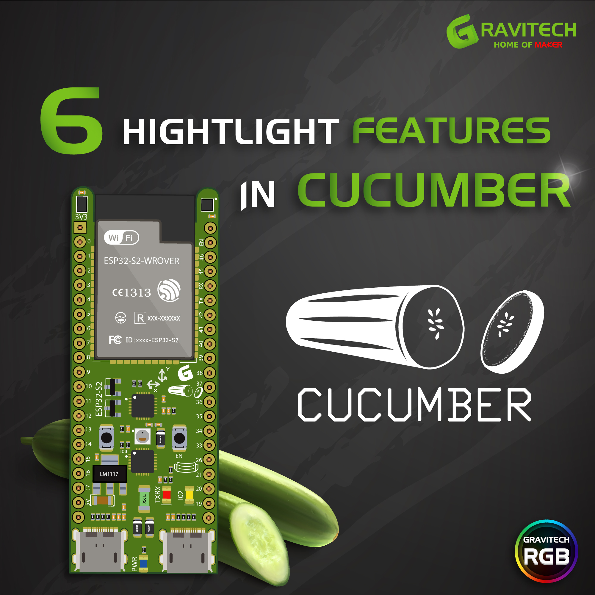 Cucumber RS Gravitech ESP32-S2 WiFi Dev Board with Sensors - GRAVITECH THAI (THAILAND)